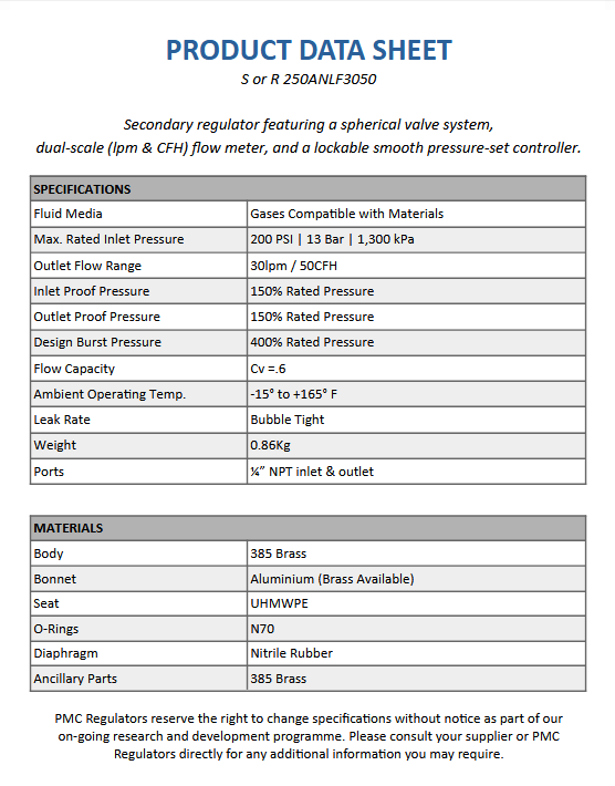 PMC Argon 'Gas Saver' Locking Secondary Regulator - 250ANLF3050G – PMC ...